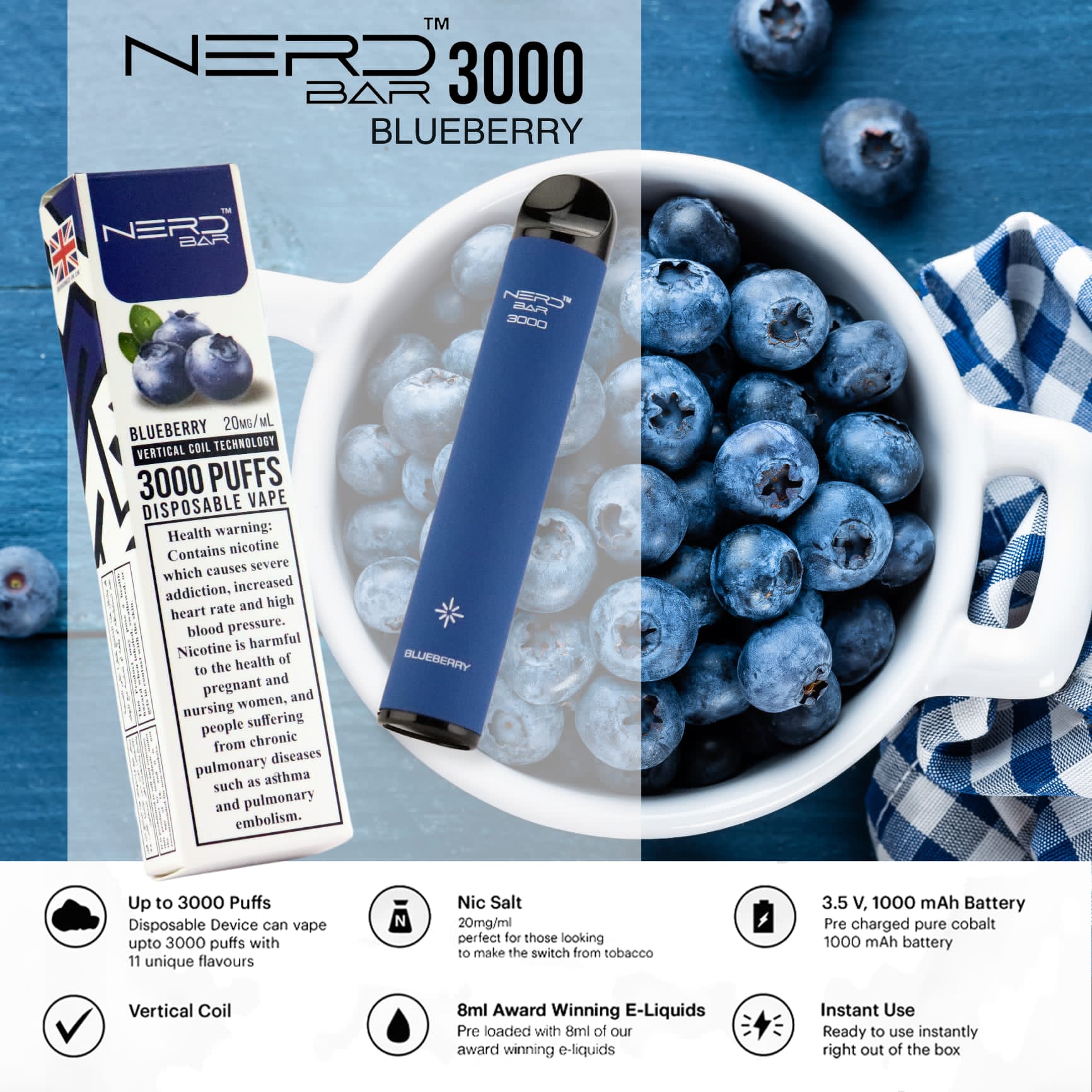 NERD BAR 3000 Blueberry disposable vape - Vape Shop Dubai