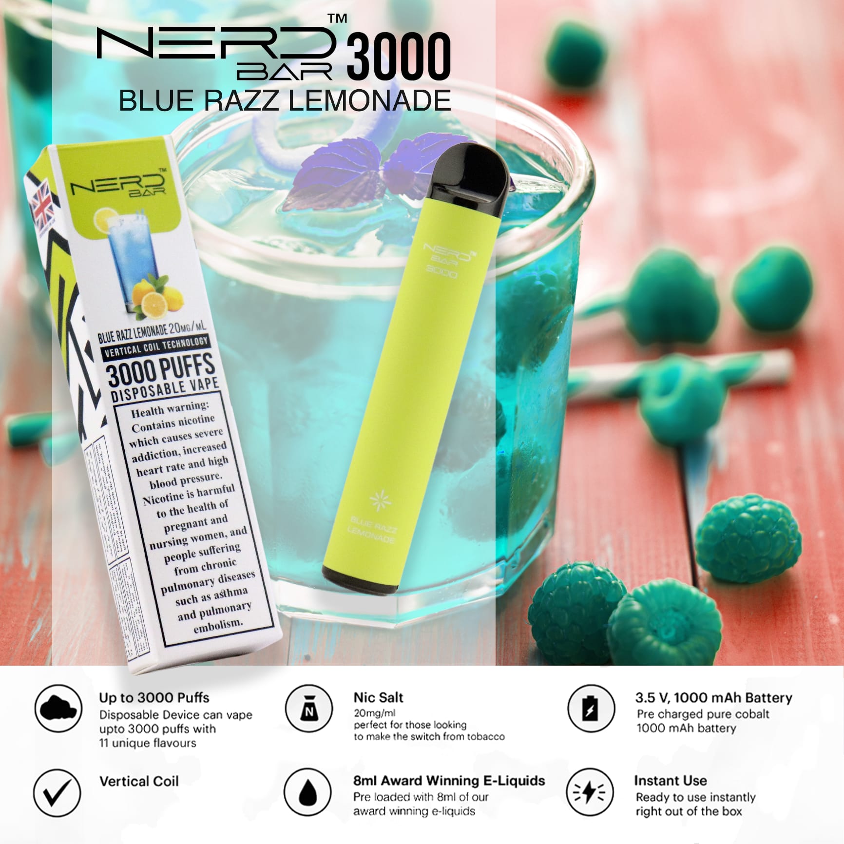 NERD BAR 3000 blue razz lemonade disposable vape - Vape Shop Dubai